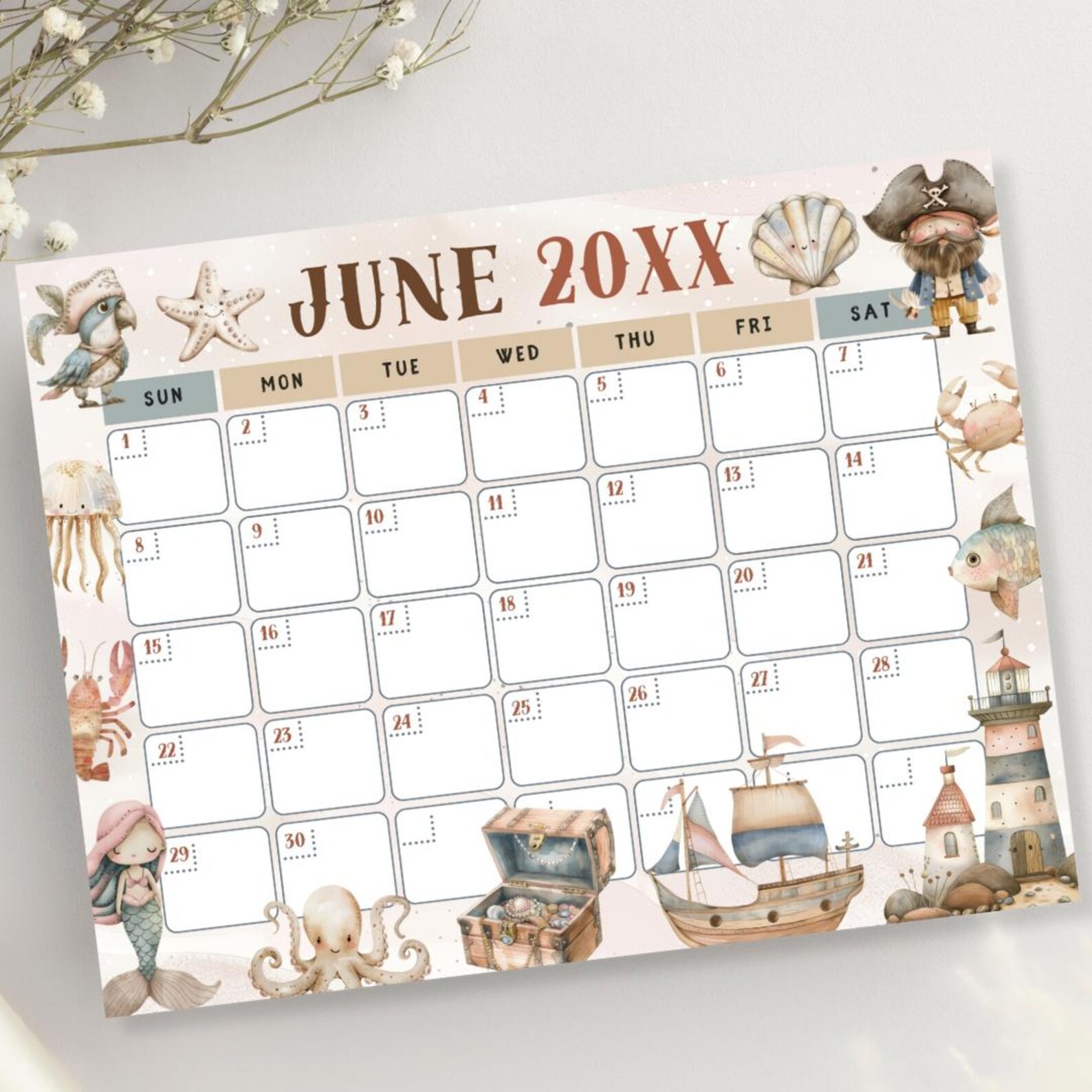 Editable June Calendar Template | Boho Pirate & Ocean Theme | Cute ...