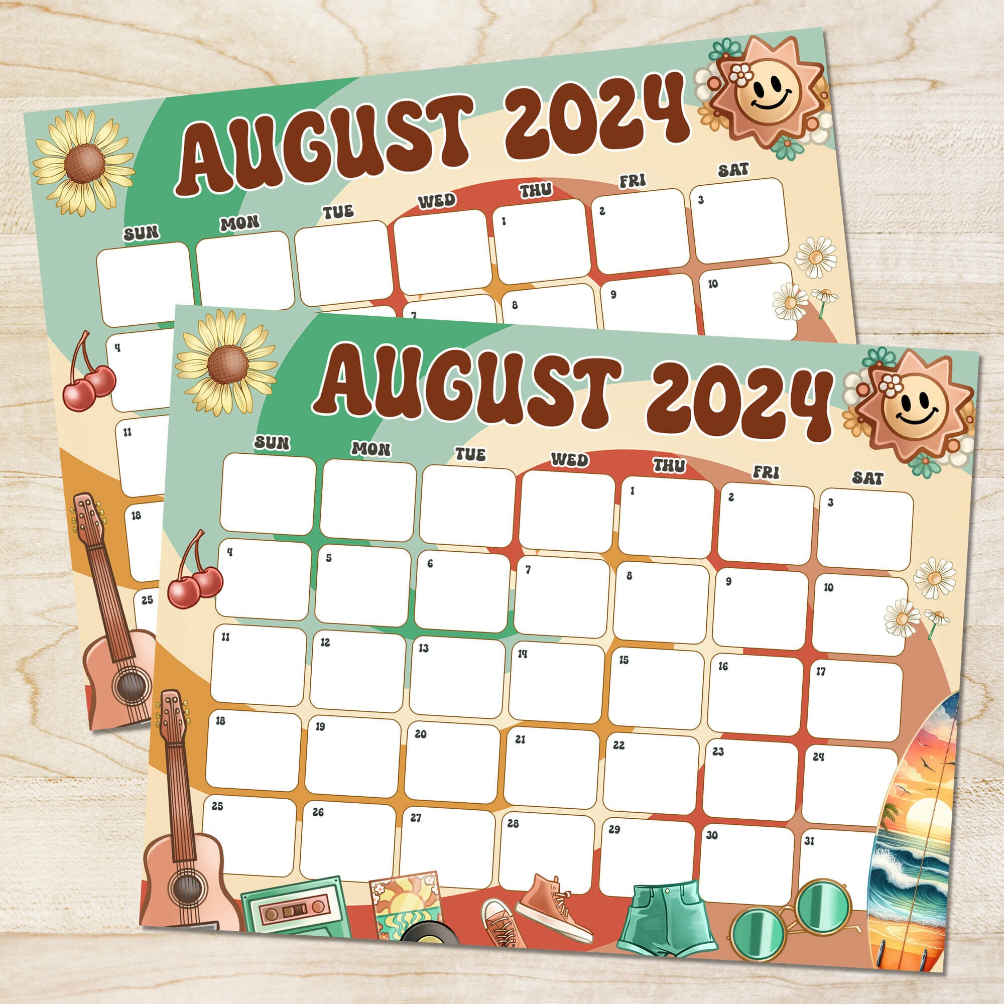 Printable Retro Nostalgic Summer Theme August 2024 Calendar, Printable ...