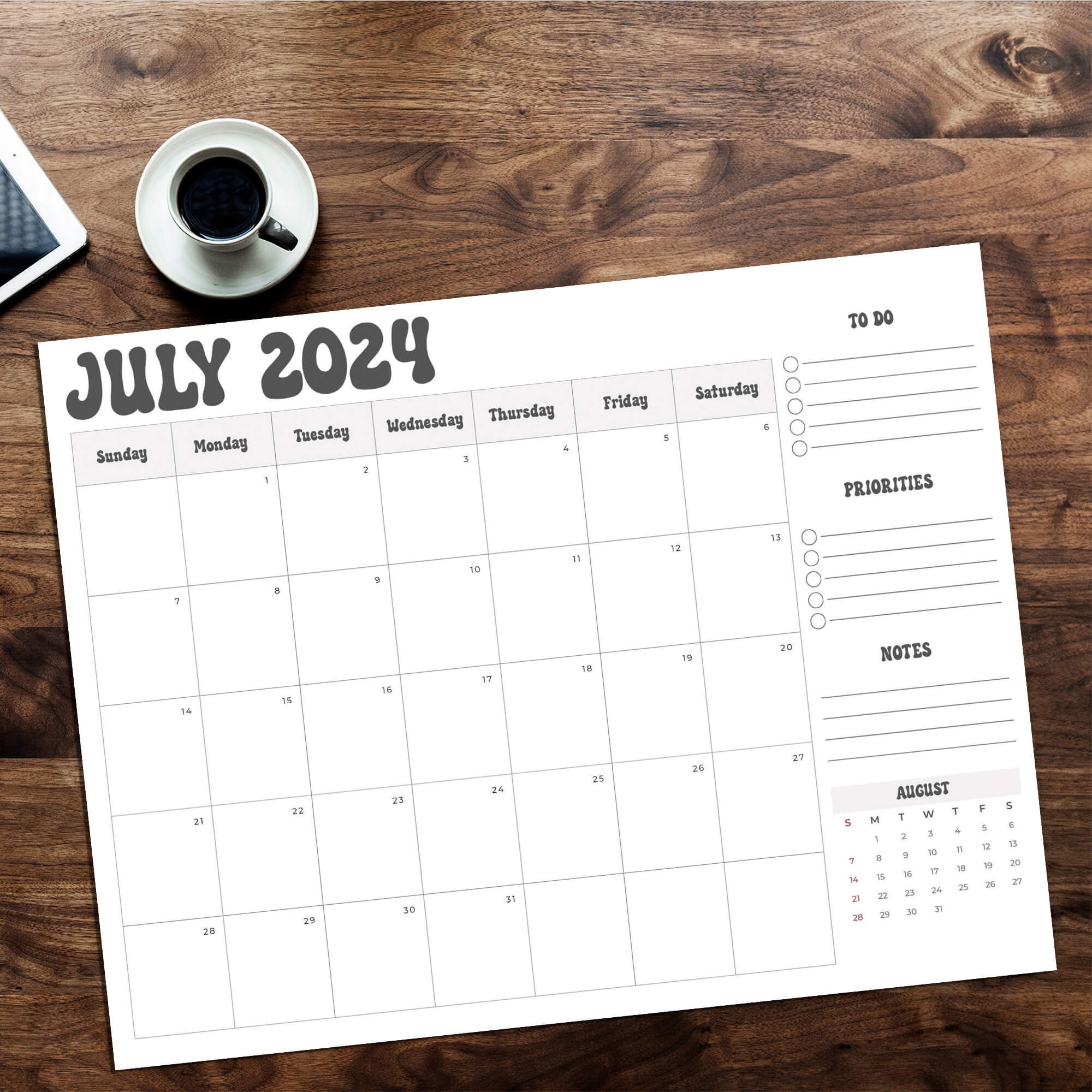 Retro Minimalist July 2024 Calendar, Printable Clean Vintage Classic ...
