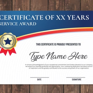 Editable Years of Service Award Printable, Years of Service Certificate ...