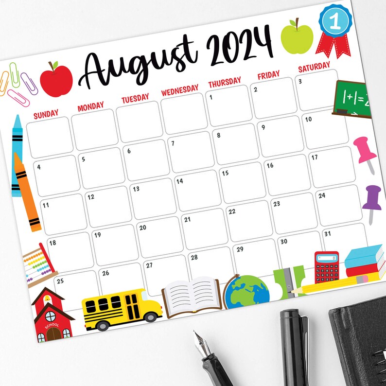 August 2024 Back to School Calendar, Printable Back to School Themed ...