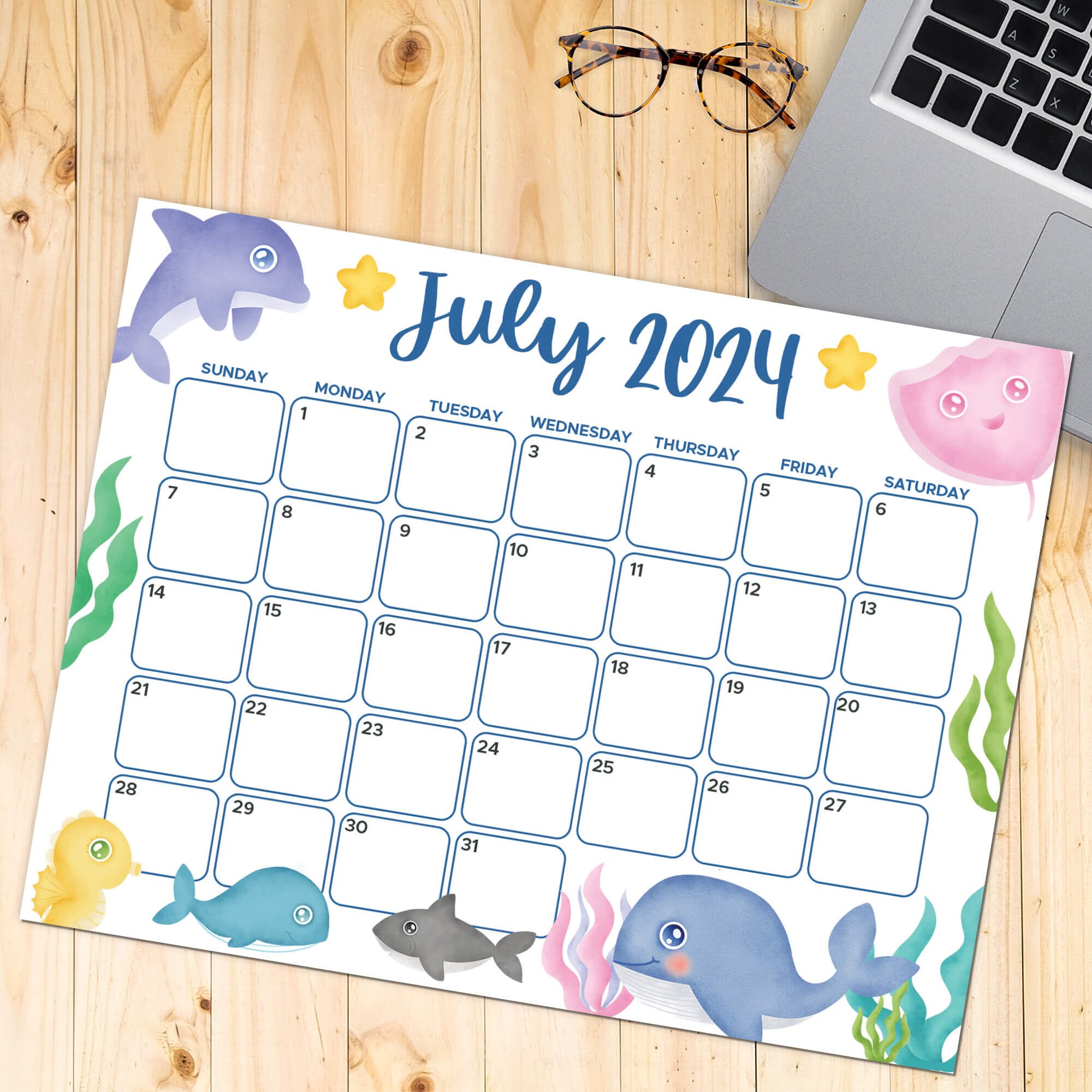 July 2024 Underwater Calendar, Printable Under the Sea Planner, Monthly ...