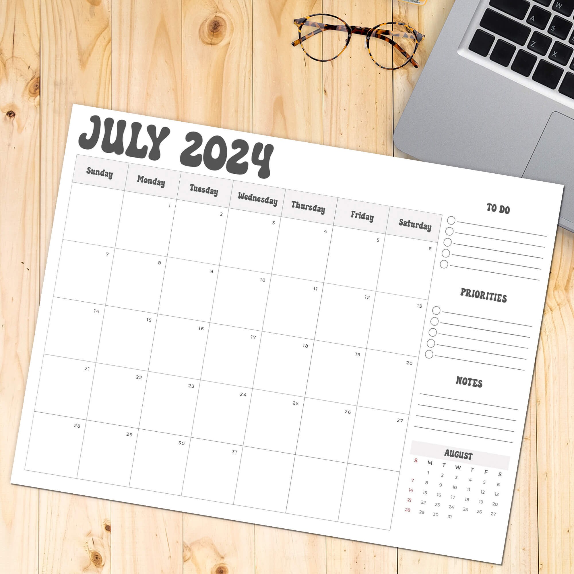 Retro Minimalist July 2024 Calendar, Printable Clean Vintage Classic ...