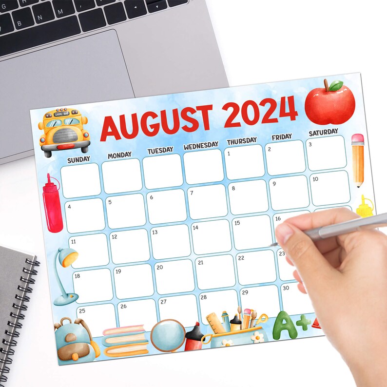 Printable August 2024 Back to School Themed Calendar, School Days Month ...