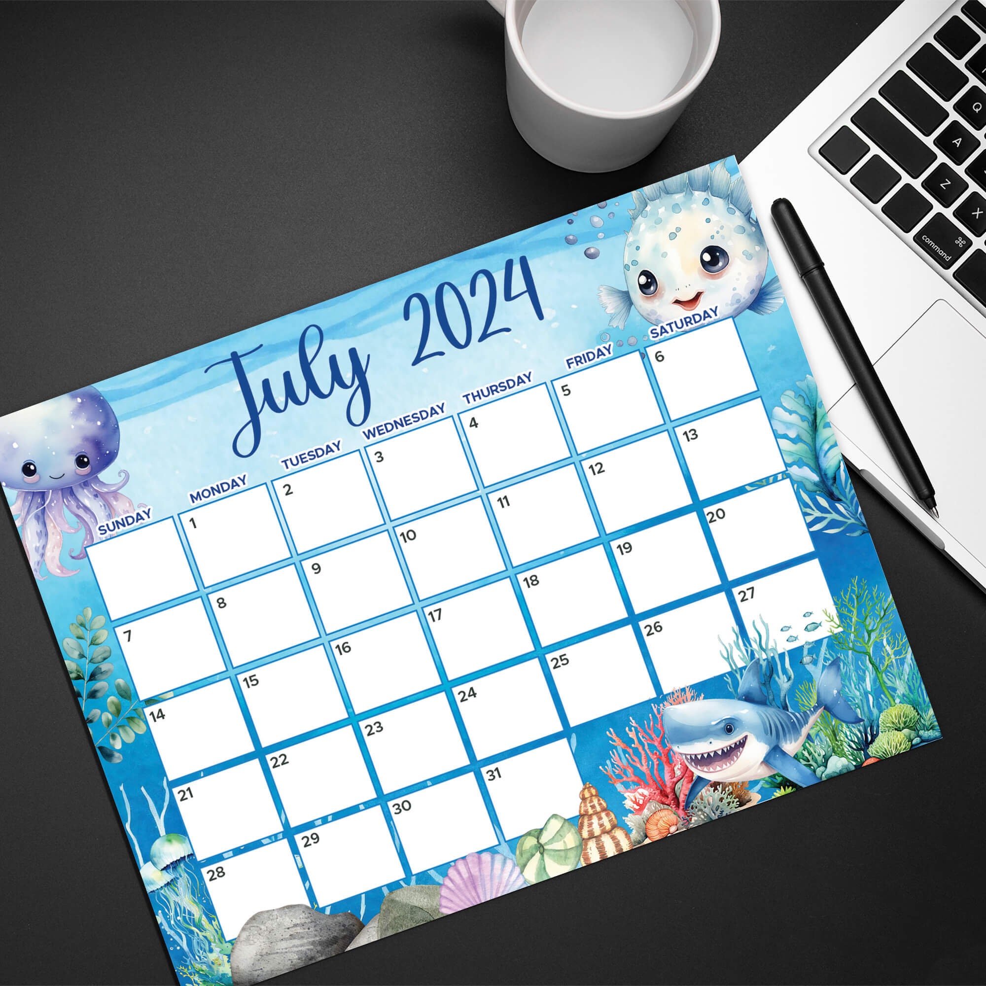 Printable Under the Sea Month of July Calendar, Summer Underwater ...