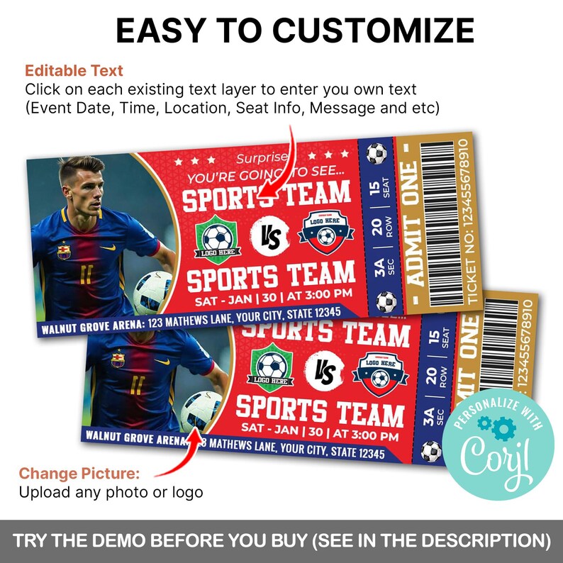 Custom Soccer Ticket Template | Surprise Gift Soccer Tickets | Sports ...