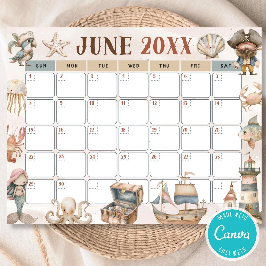 Editable June Calendar Template | Boho Pirate & Ocean Theme | Cute ...