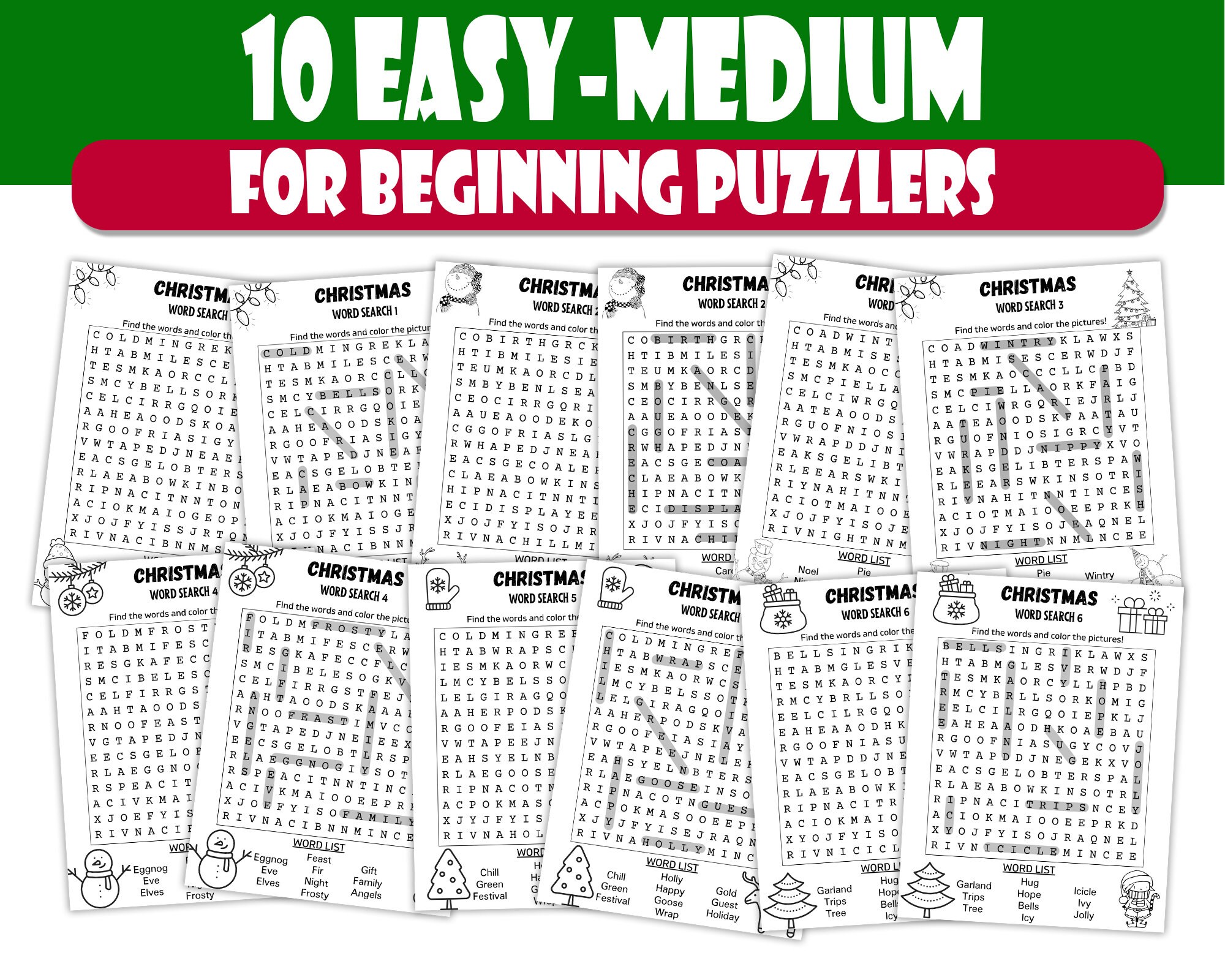 20 Christmas Word Search Puzzles for Kids, Printable Christmas Word ...