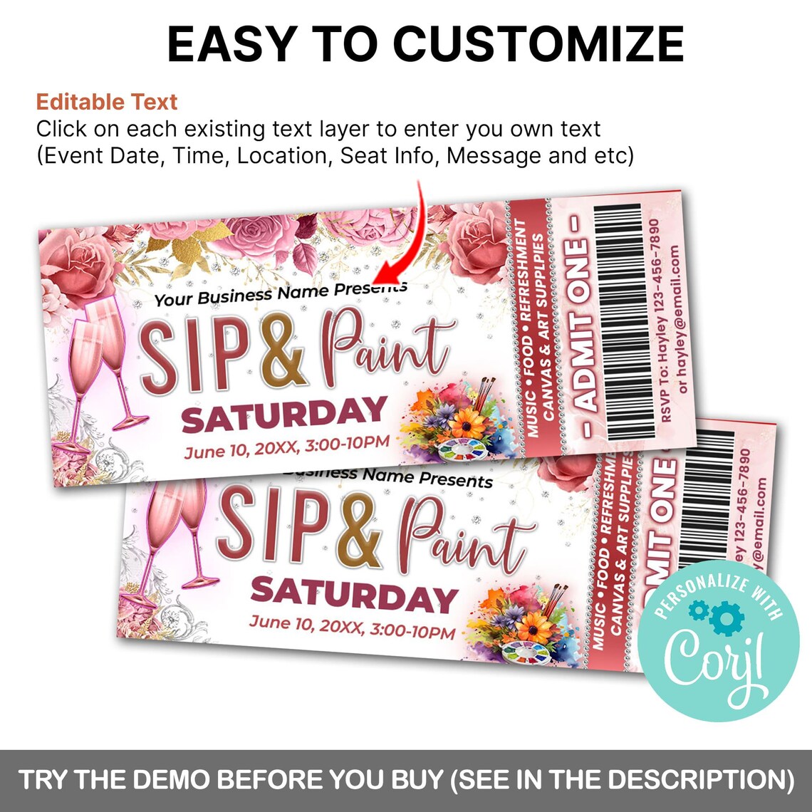 DIY Sip and Paint Ticket Template | Editable Paint and Sip Ticket ...