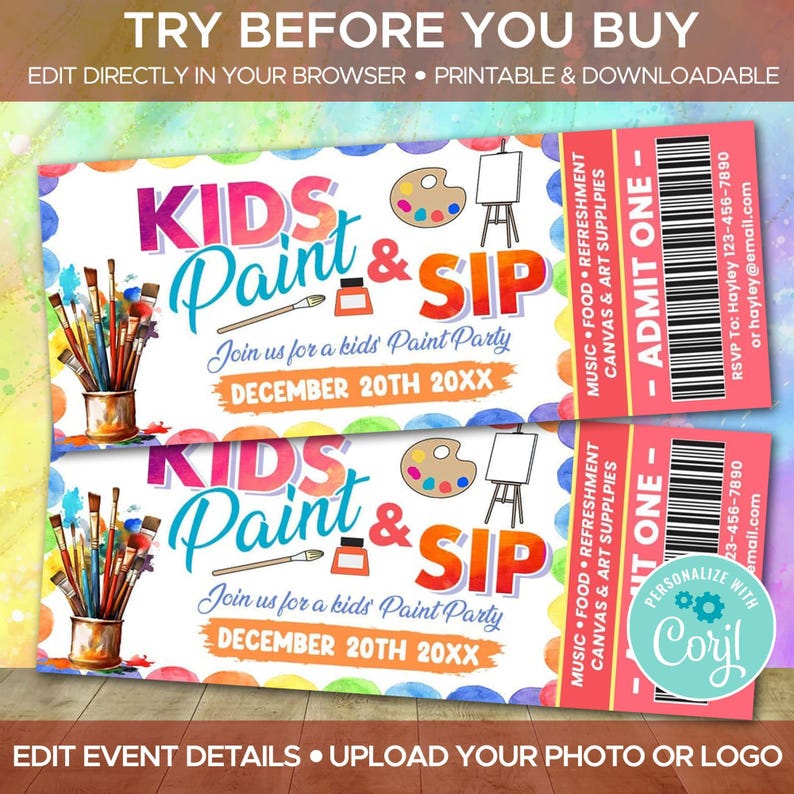 Editable Kids Sip and Paint Ticket Template | Kids Paint Party Event ...