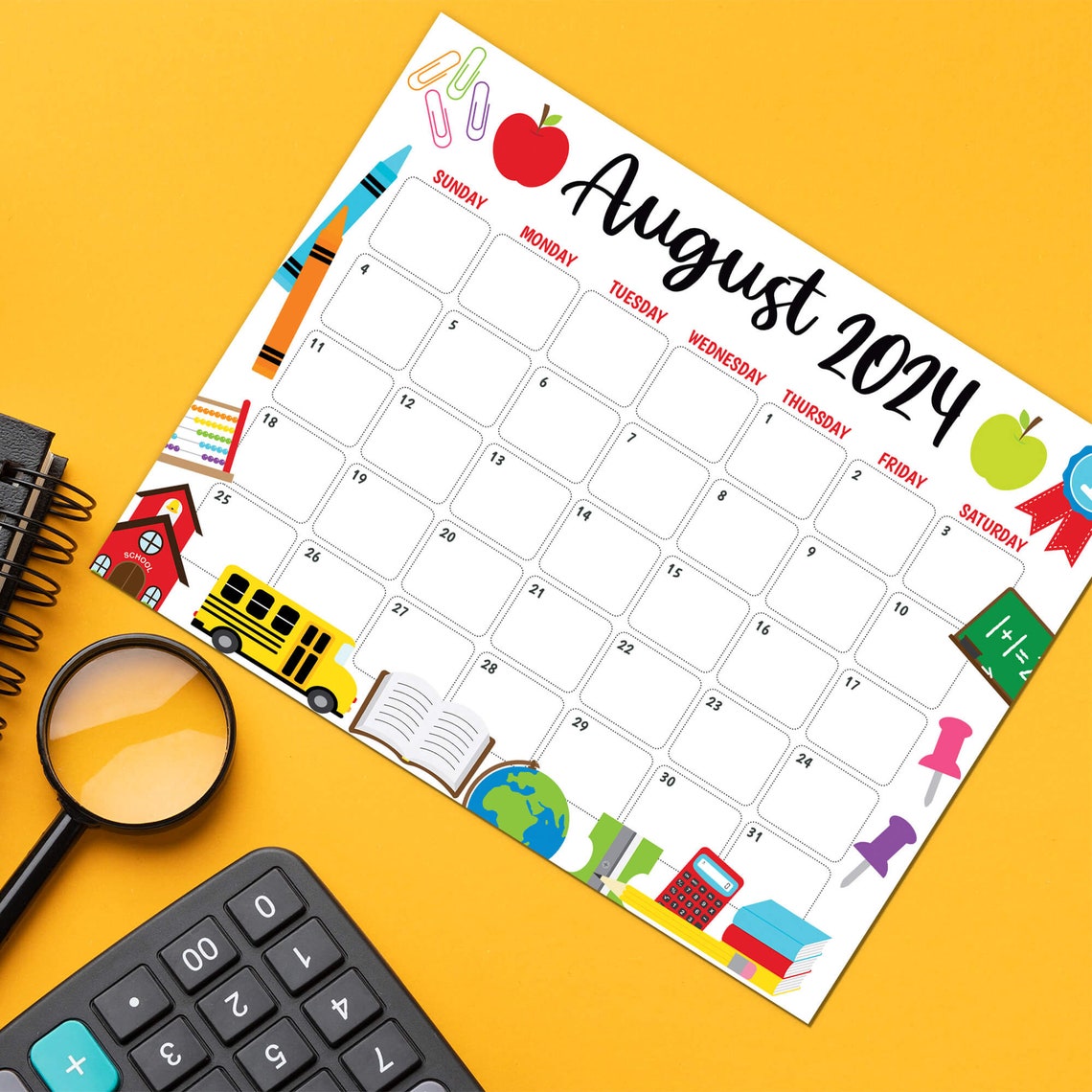 August 2024 Back to School Calendar, Printable Back to School Themed ...