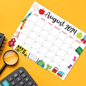 August 2024 Back to School Calendar, Printable Back to School Themed ...