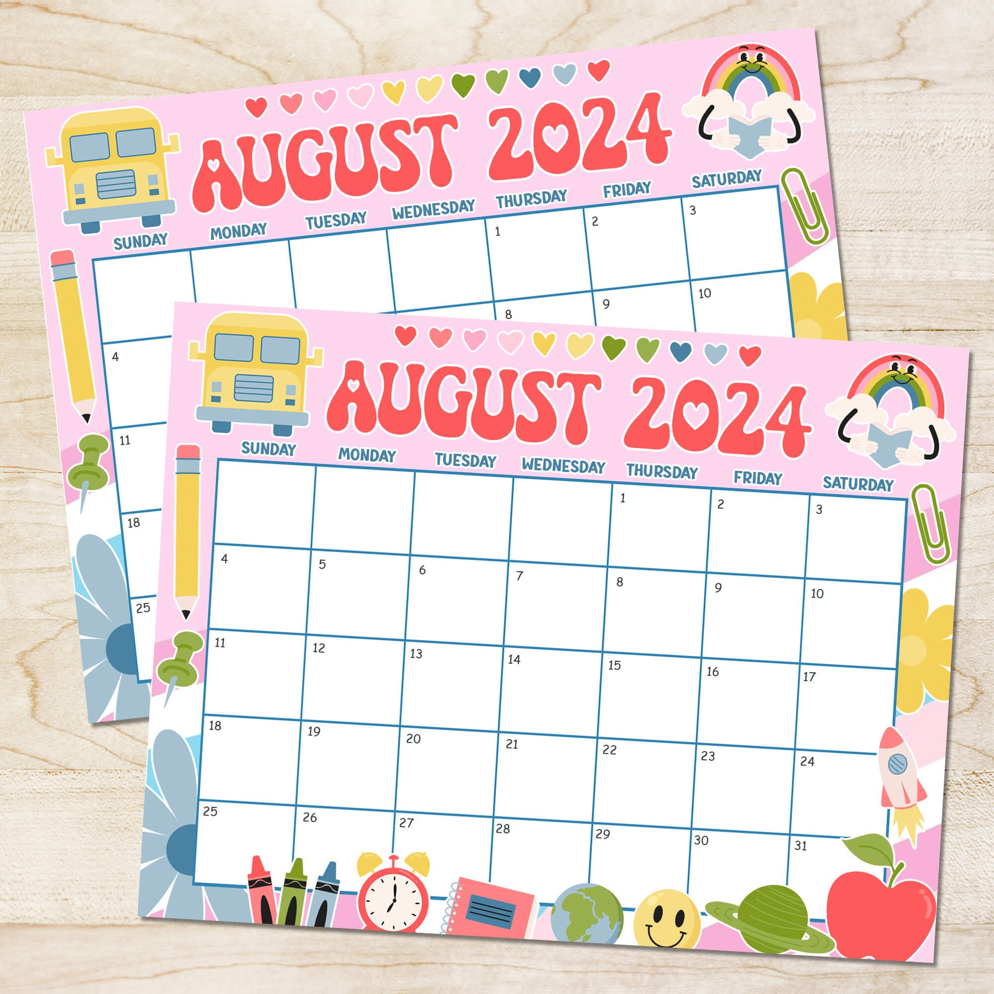 Back to School Themed August 2024 Calendar, Printable August School ...