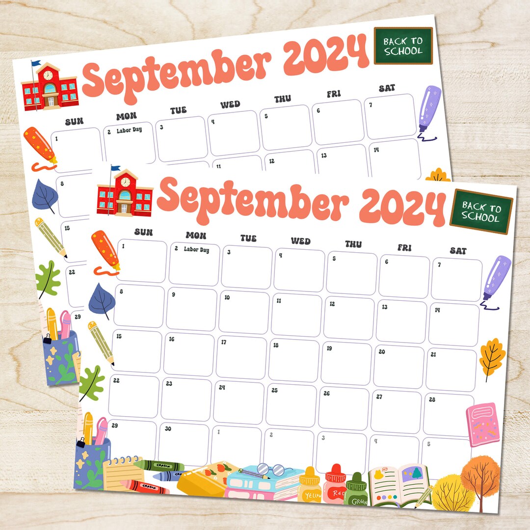 School Themed September 2024 Printable Calendar - Etsy