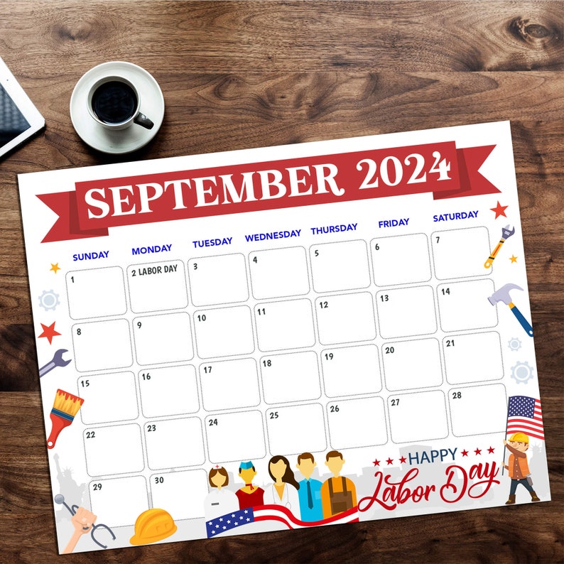 Printable September 2024 Calendar With Labor Day Theme - Etsy
