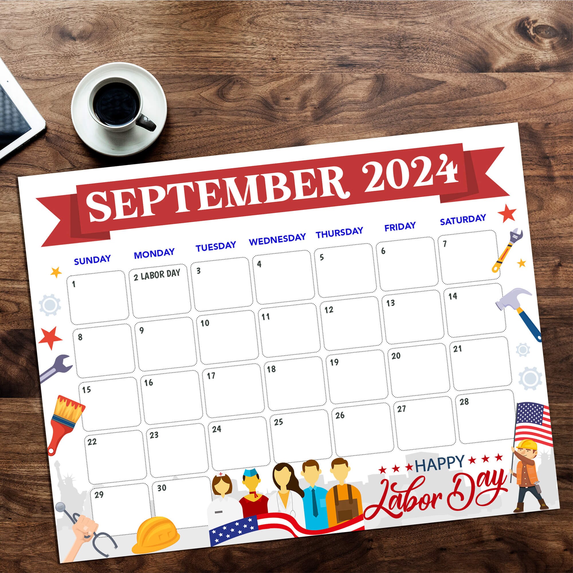 Printable September 2024 Calendar With Labor Day Theme - Etsy