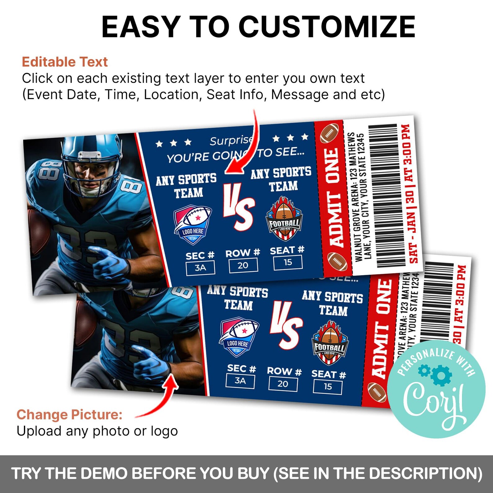 Editable Football Game Ticket Template | Printable Sports Game Ticket ...