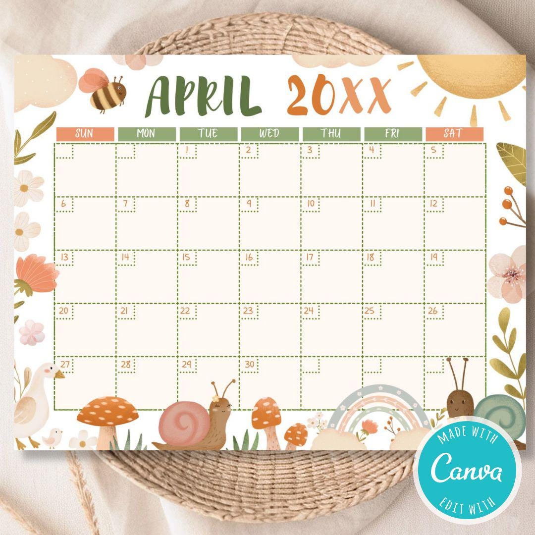 EDITABLE April Calendar 2025 Printable, Colorful Retro Spring Monthly ...