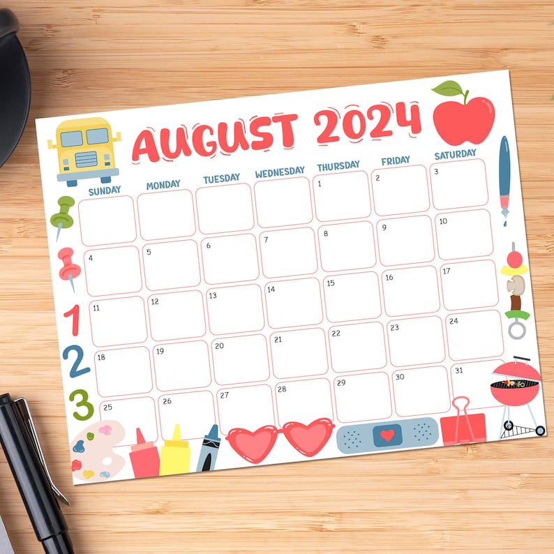 Printable Back to School August 2024 Calendar, August Academic Planner ...
