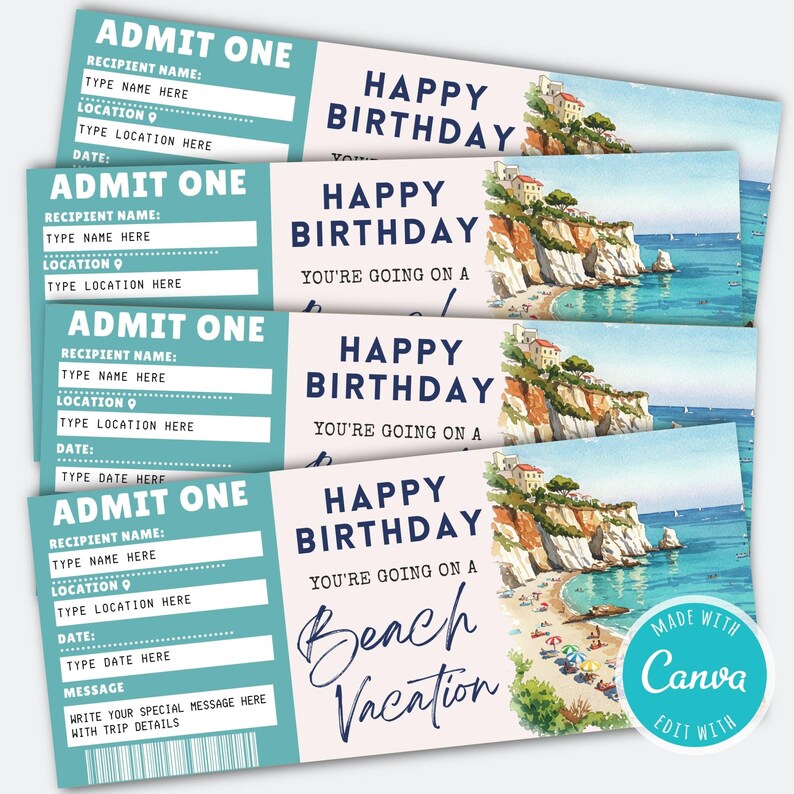 Editable Surprise Beach Vacation Reveal Gift Ticket | Printable Holiday ...