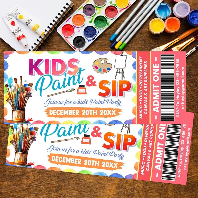 Editable Kids Sip and Paint Ticket Template | Kids Paint Party Event ...