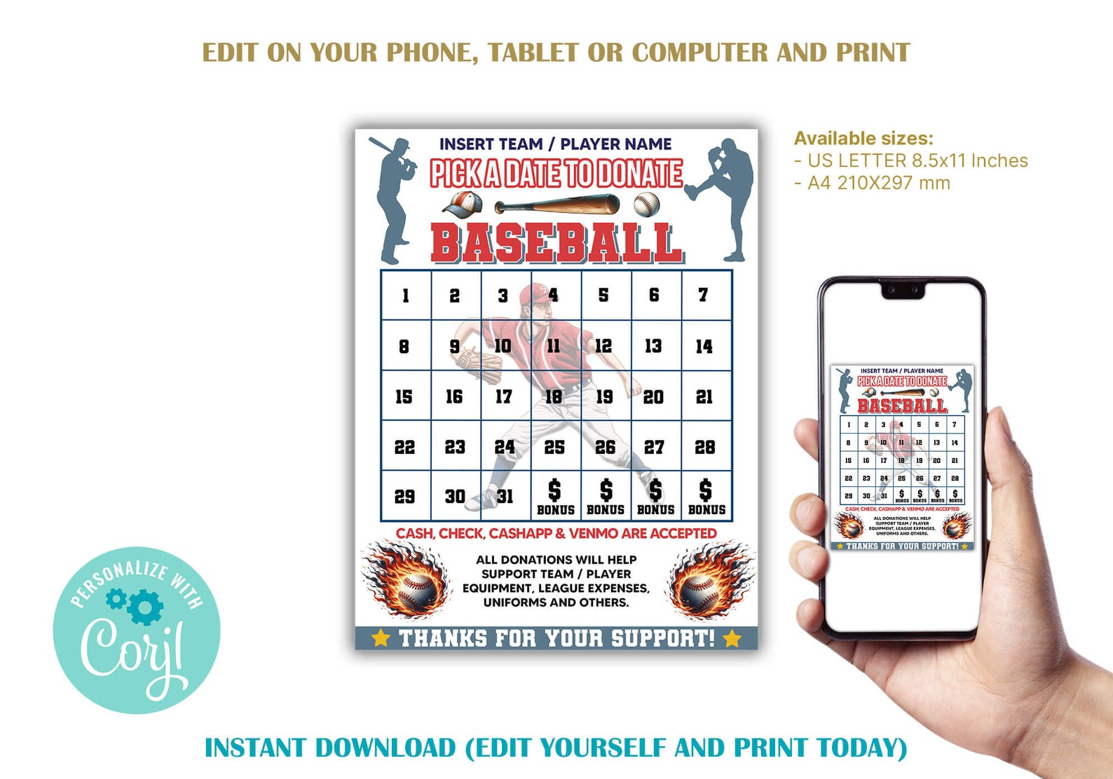 Editable Baseball Calendar Fundraiser, Baseball Pick a Date to Donate ...