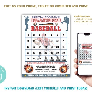 Editable Baseball Calendar Fundraiser, Baseball Pick a Date to Donate ...