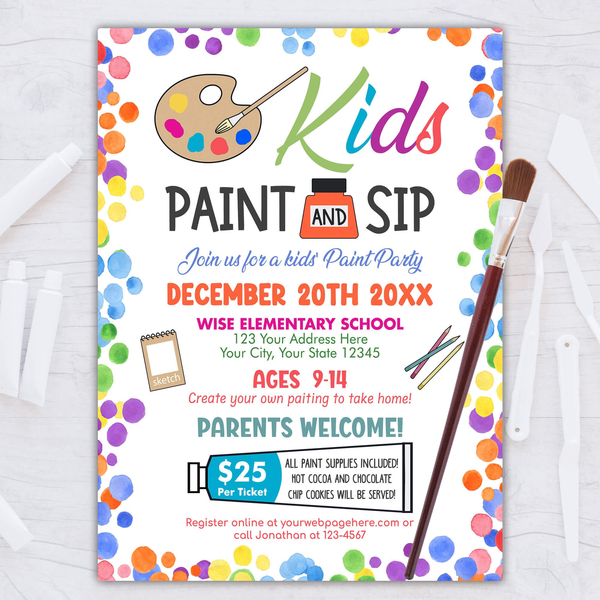 Kids Sip and Paint Flyer Template, Event Flyer, Paint and Sip Flyer ...