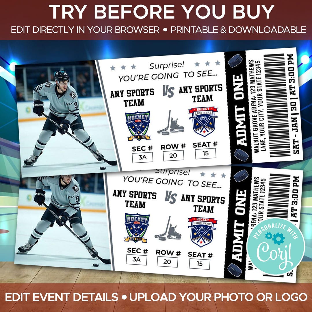 Editable Hockey Game Ticket Template | Printable Sports Game Ticket - Etsy