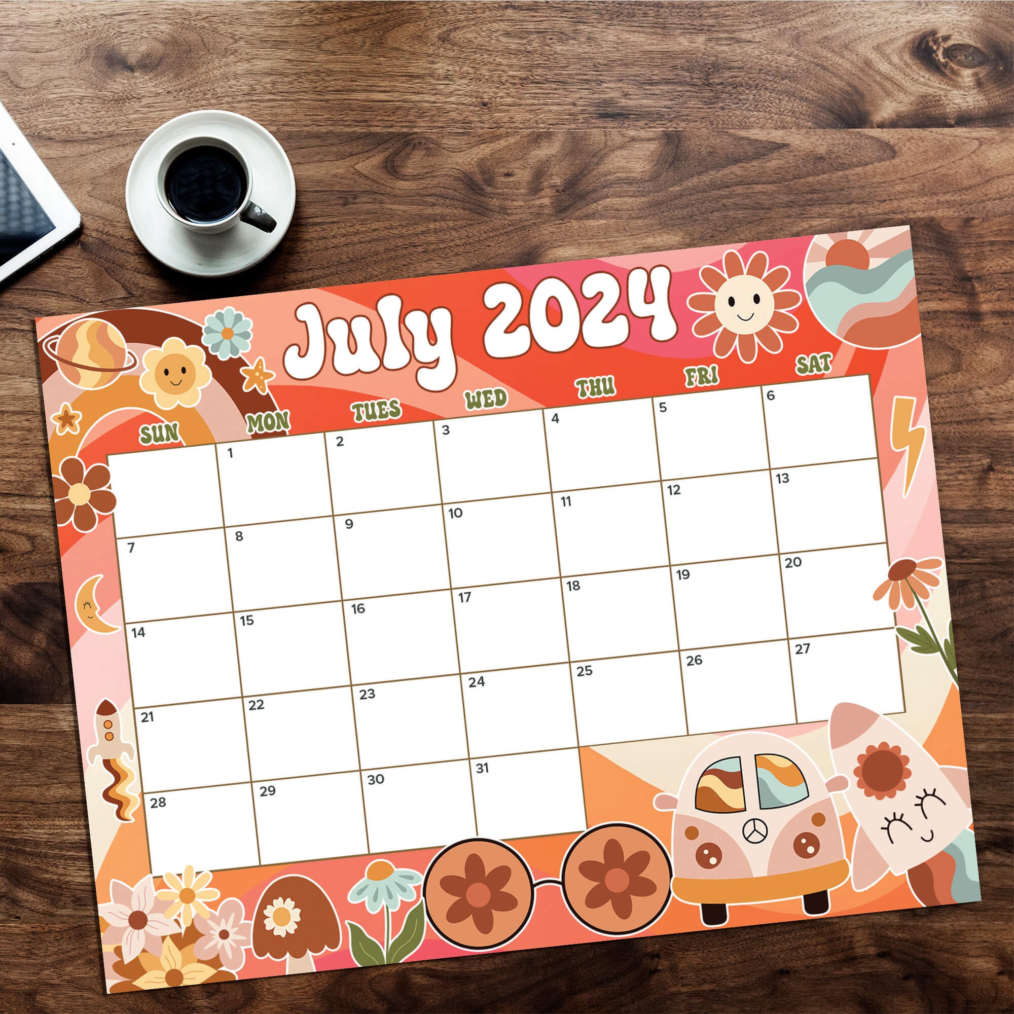 Printable Retro Vibe July 2024 Calendar, Colorful Classic Nostalgic ...