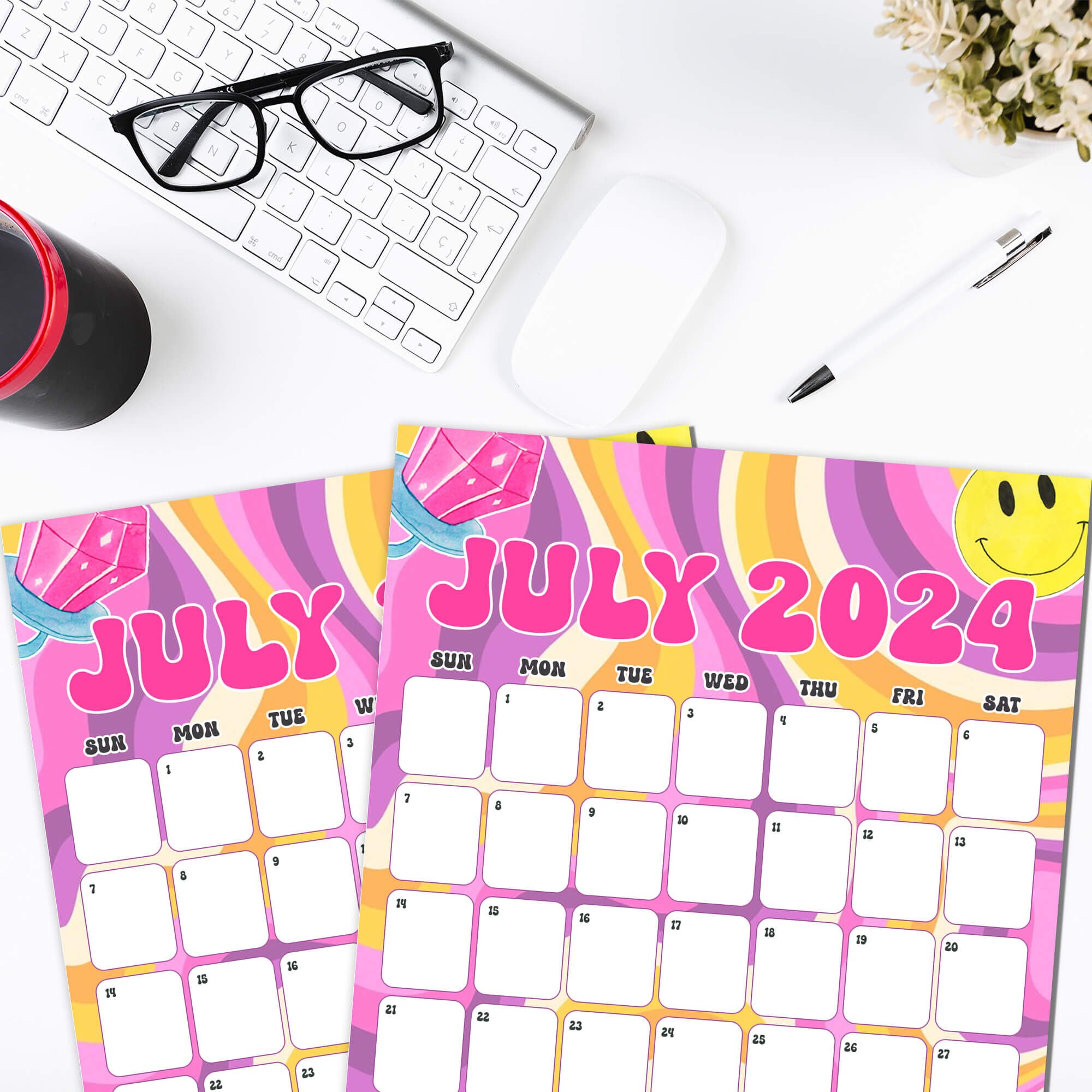 Printable Retro Theme Colorful July 2024 Calendar, Printable Retro Vibe ...