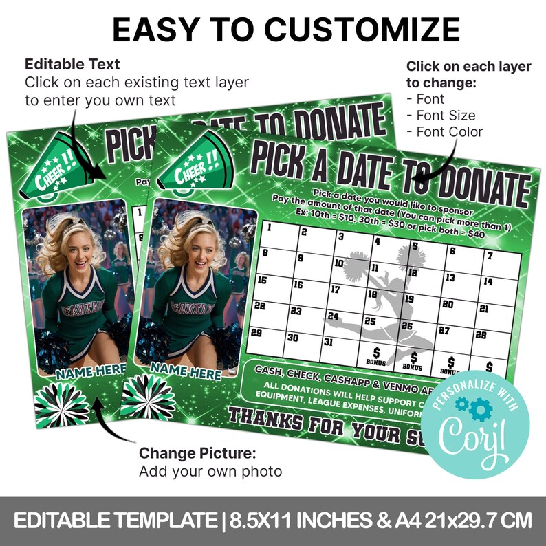 Cheerleading Squad Fundraiser Donation Calendar, Editable Pick a Date ...