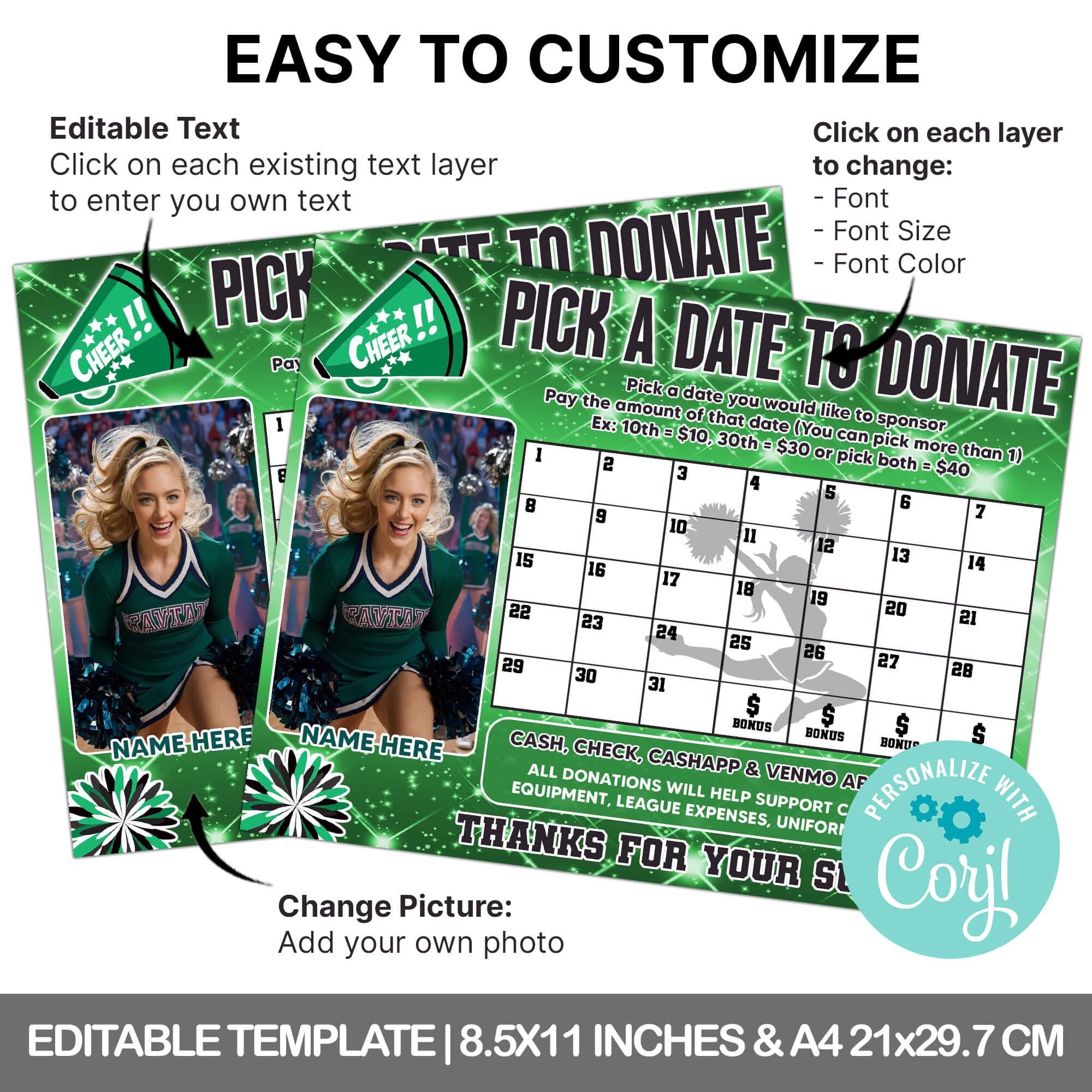 Cheerleading Squad Fundraiser Donation Calendar, Editable Pick a Date ...