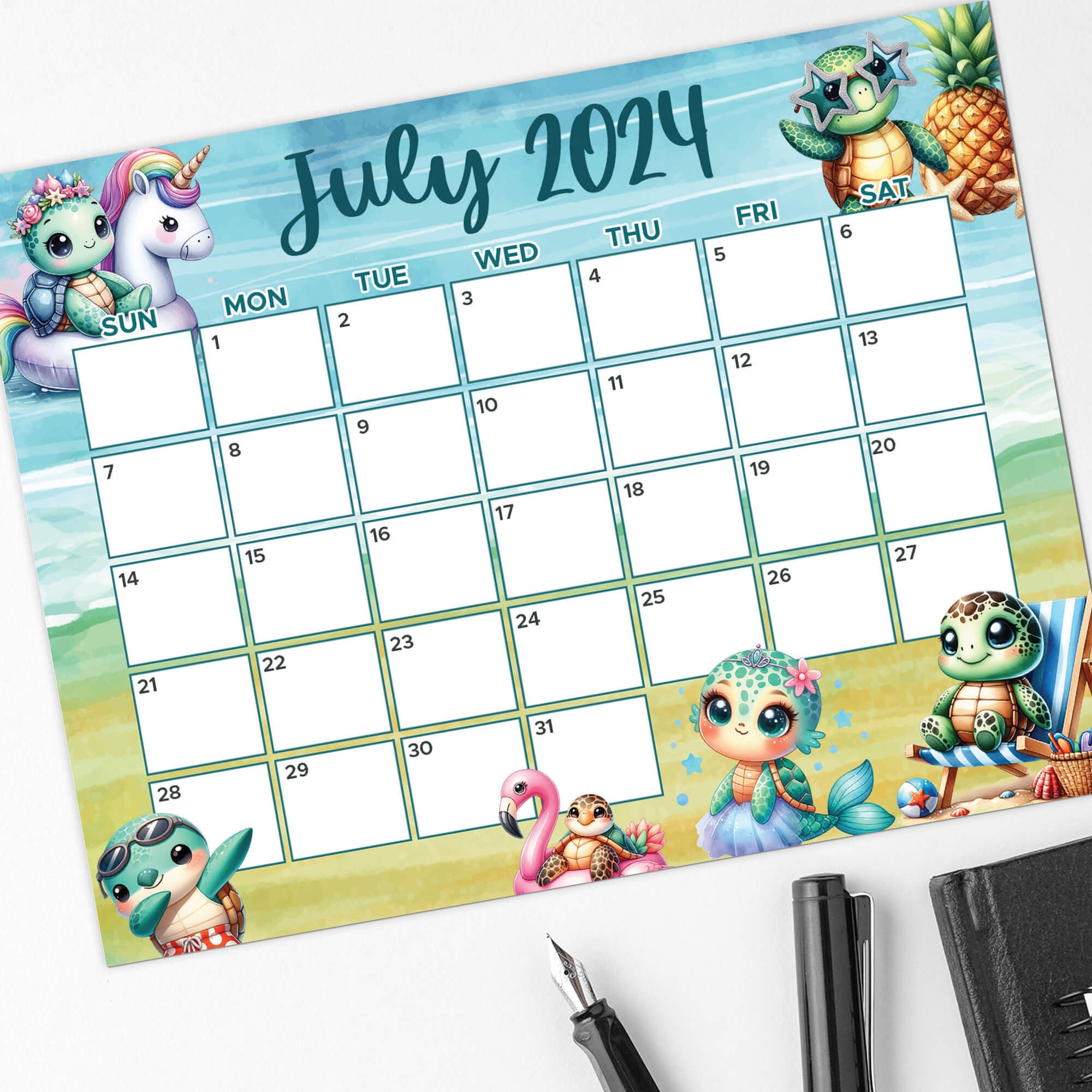 Printable Summer July 2024 Calendar, Cute Underwater Sea Turtle Month ...