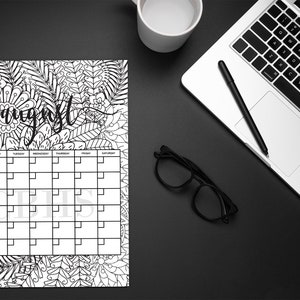 12 Month Coloring Calendar Floral Pattern Black Lettering, Printable ...
