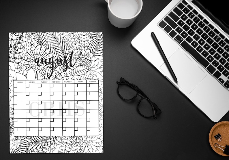 12 Month Coloring Calendar Floral Pattern Black Lettering, Printable ...