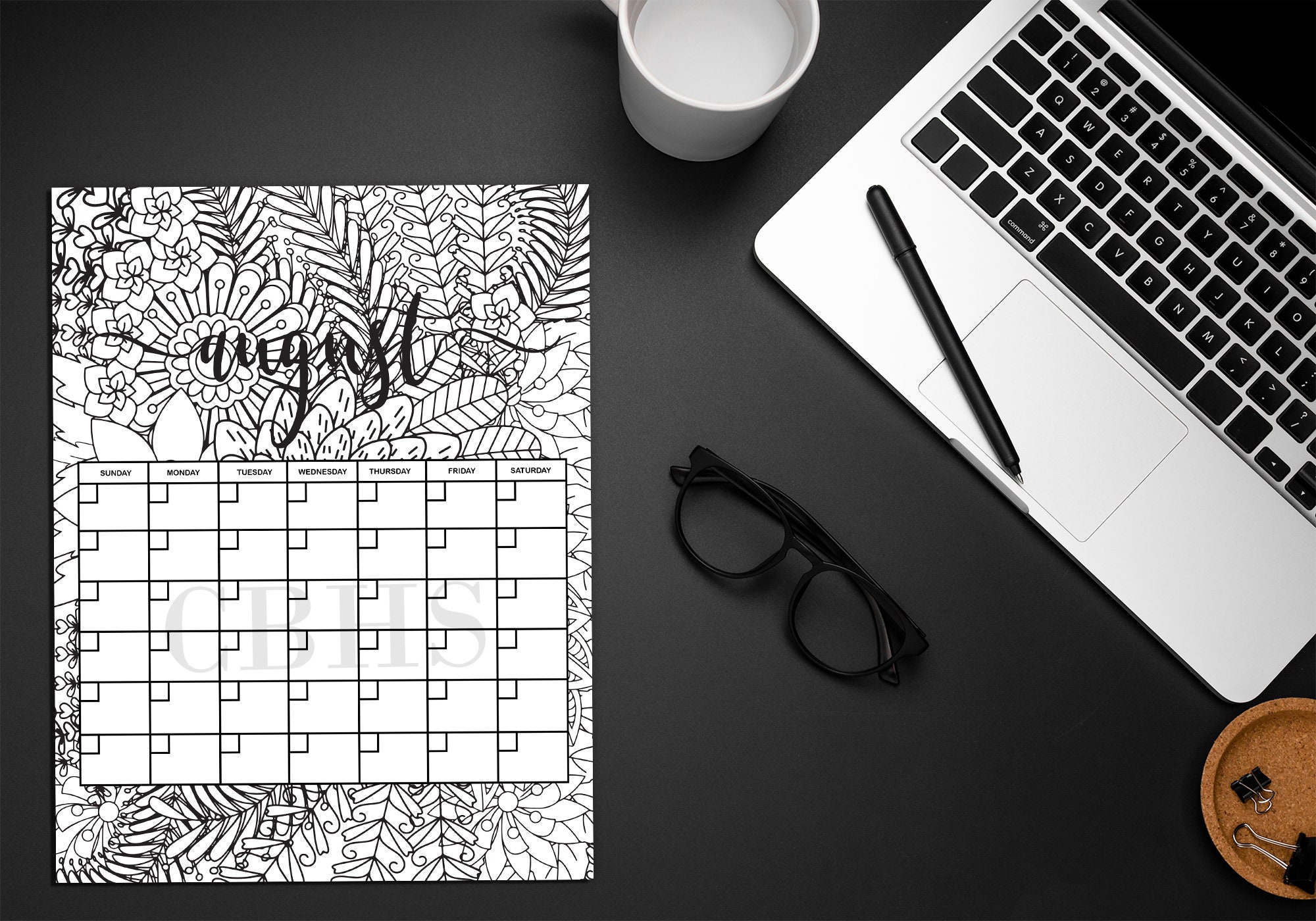 12 Month Coloring Calendar Floral Pattern Black Lettering, Printable ...