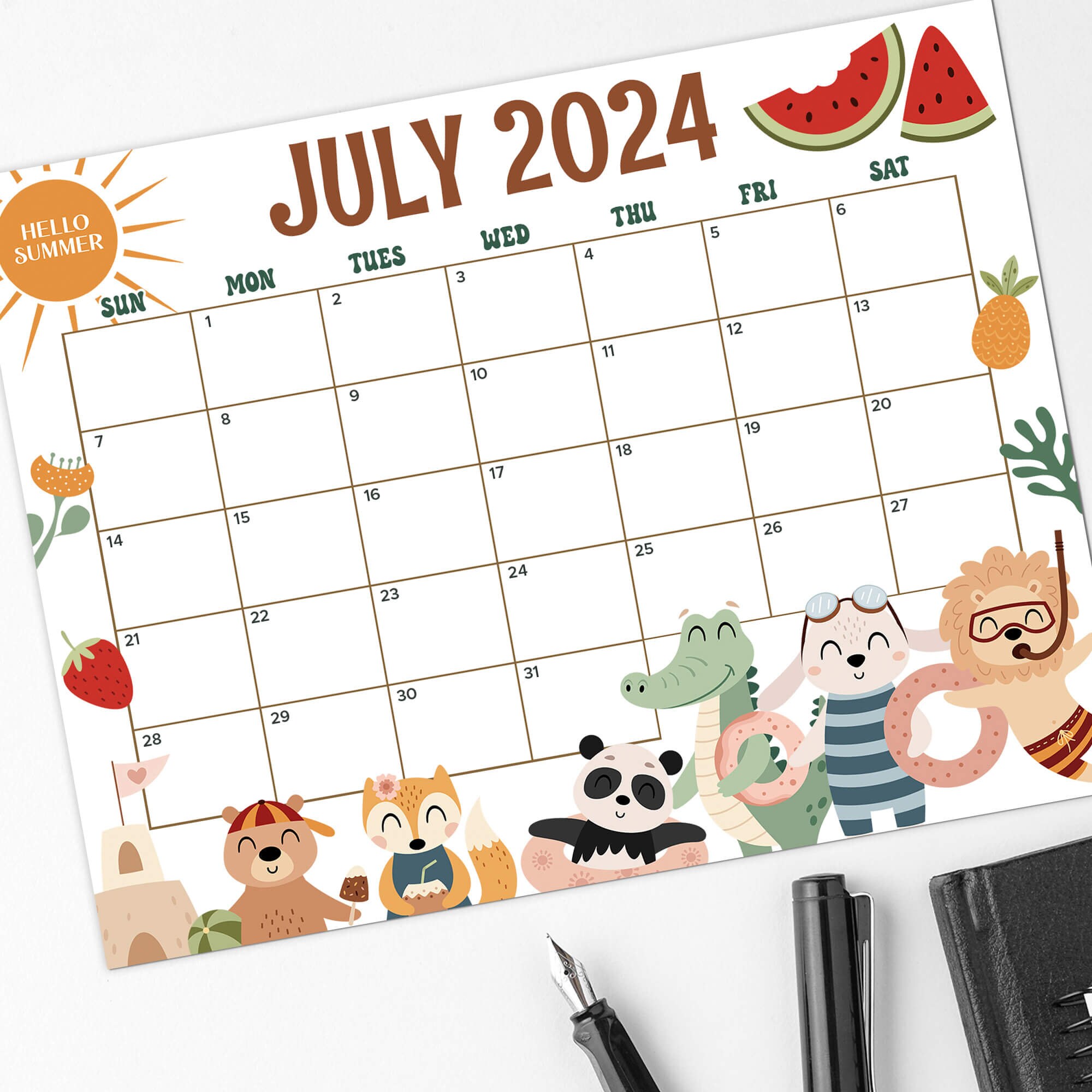 Animal Summer July 2024 Calendar, Printable Animal Themed July Calendar ...