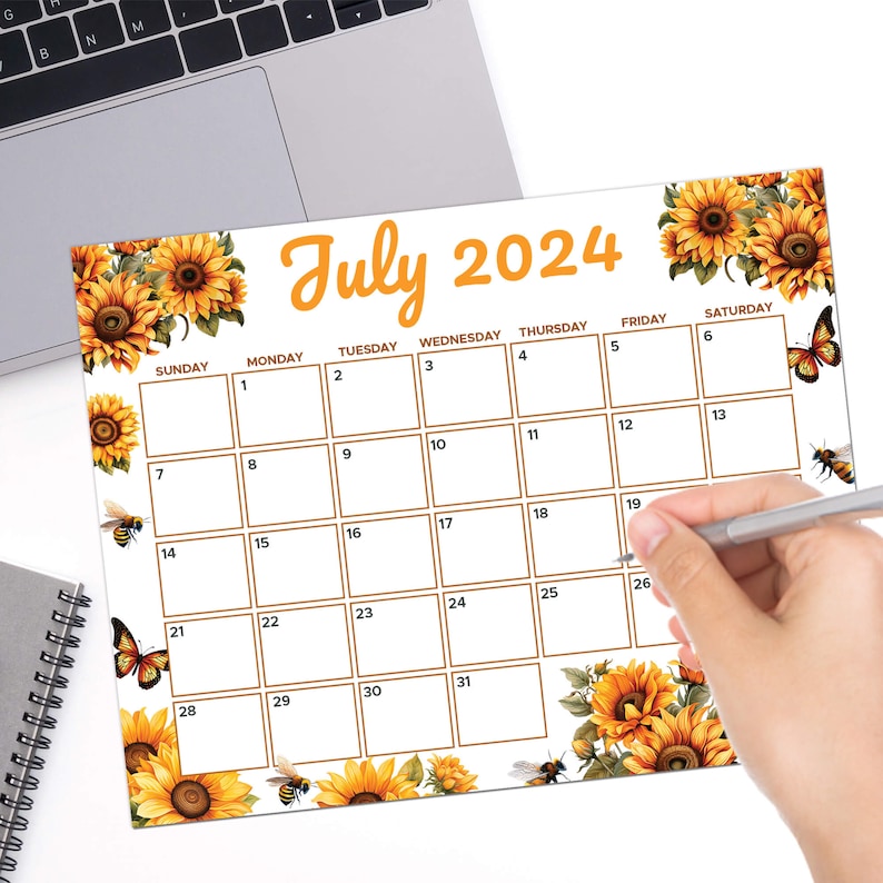 July 2024 Sunflower Calendar, Printable Cute Floral Sunflower Themed ...