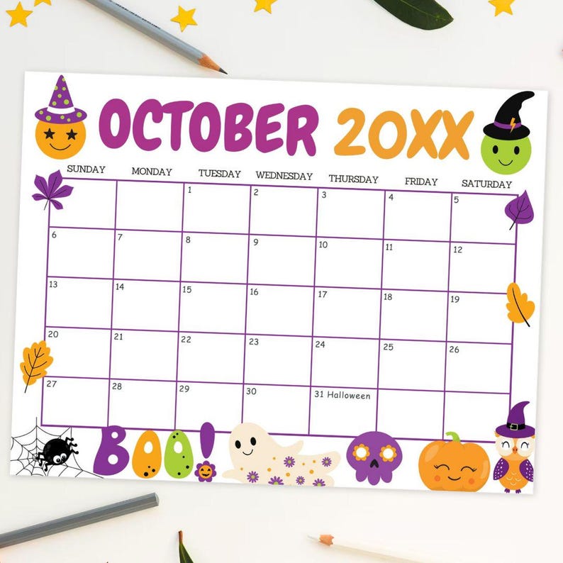 Editable October Halloween Calendar Planner Template With Cute Ghosts ...