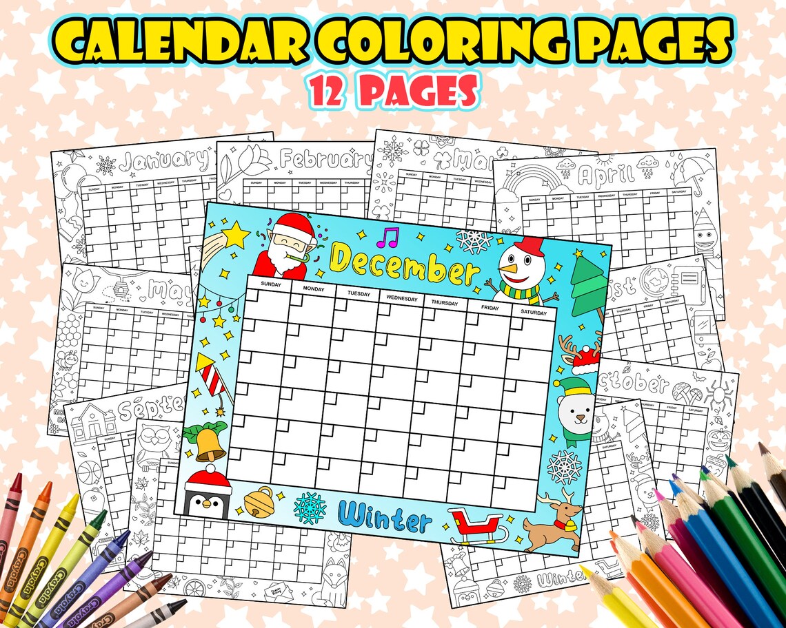 12 Months Kids Coloring Perpetual Calendar, Kawaii Coloring Calendar ...