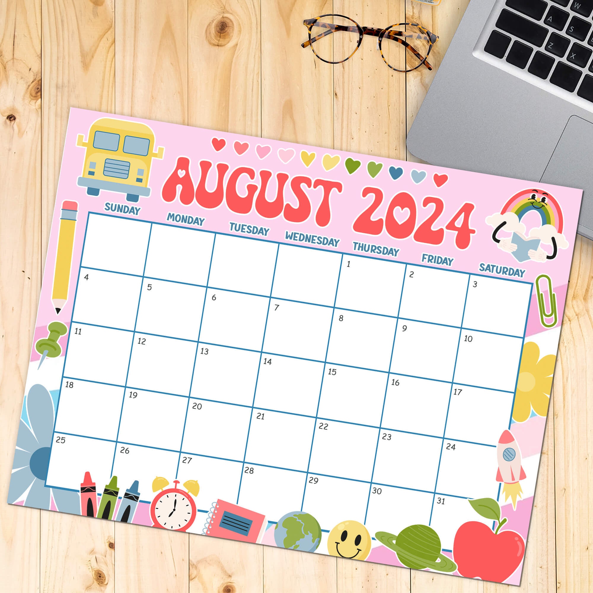 Back to School Themed August 2024 Calendar, Printable August School ...