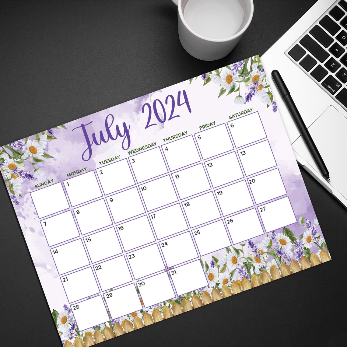 July 2024 Daisy Calendar, Printable Summer Floral Planner, Monthly ...