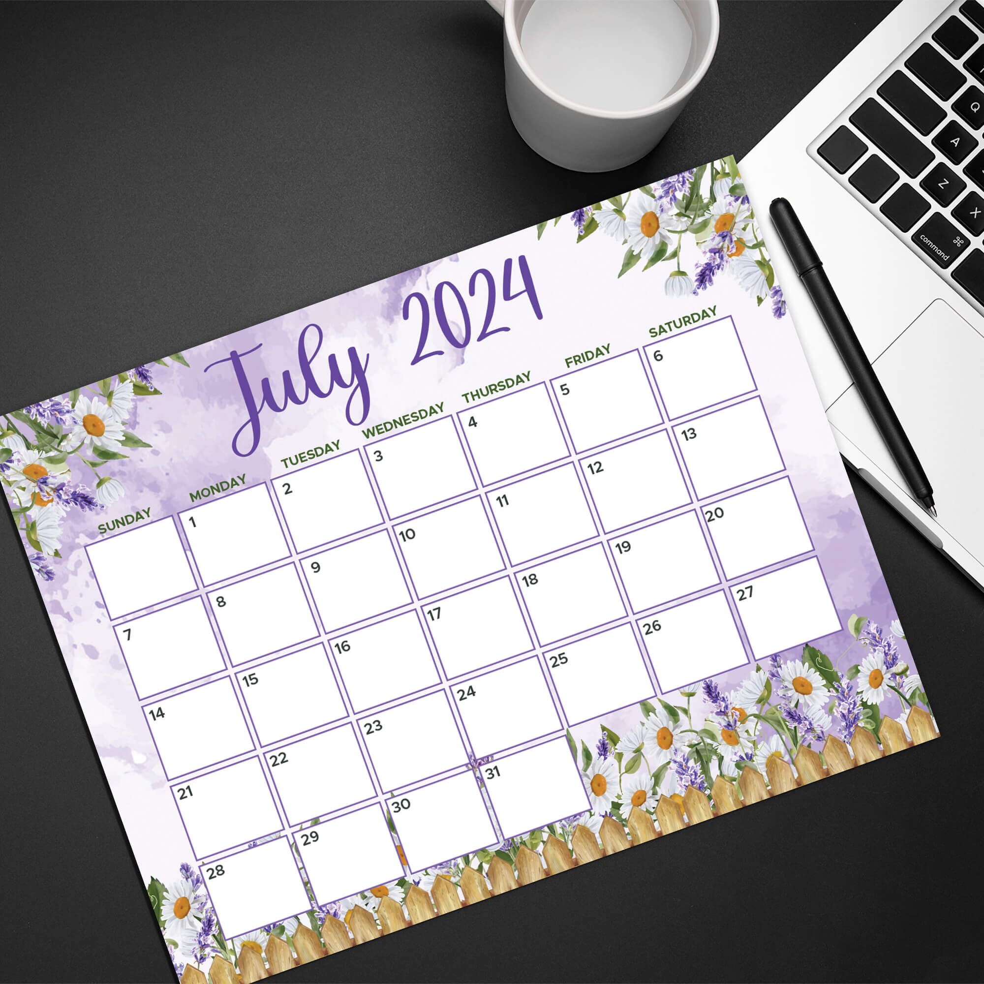 July 2024 Daisy Calendar, Printable Summer Floral Planner, Monthly ...