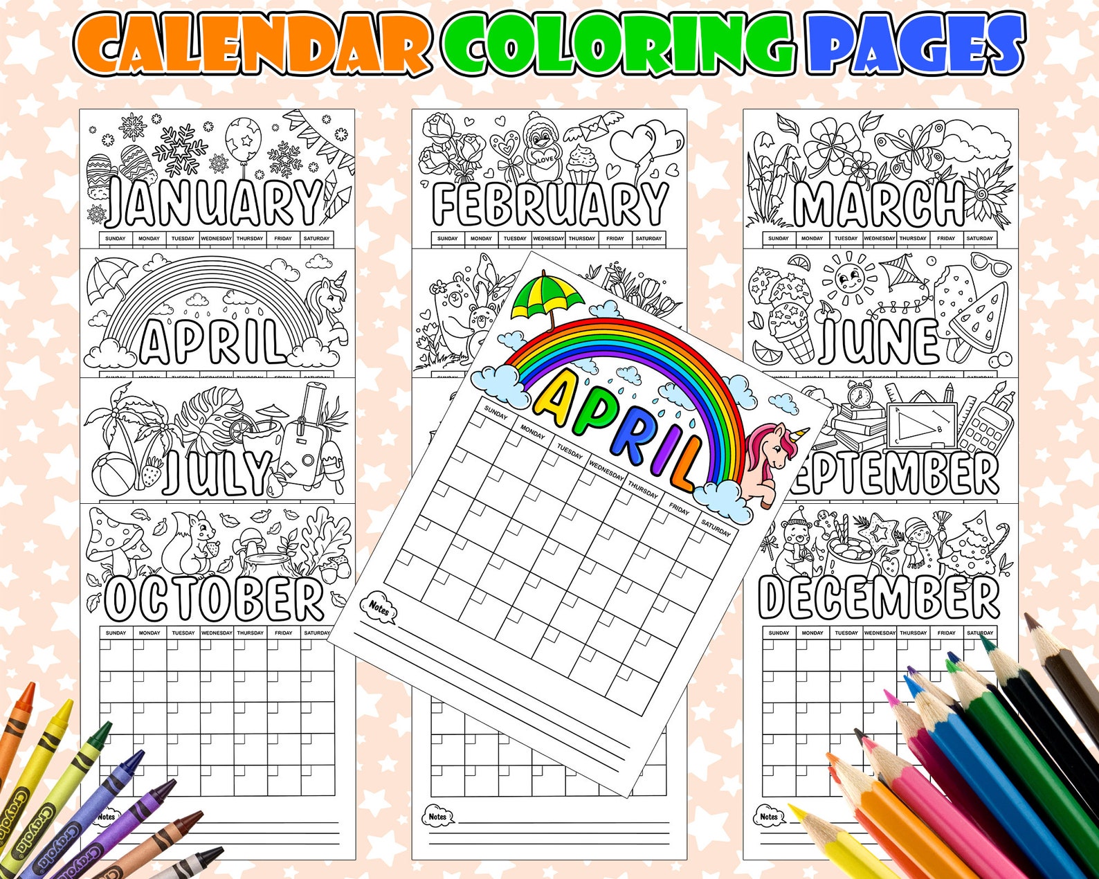12 Month Coloring Calendar for Kids, Printable Calendar to Color, Cute ...