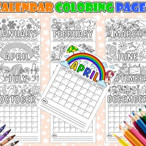 12 Month Coloring Calendar for Kids, Printable Calendar to Color, Cute ...