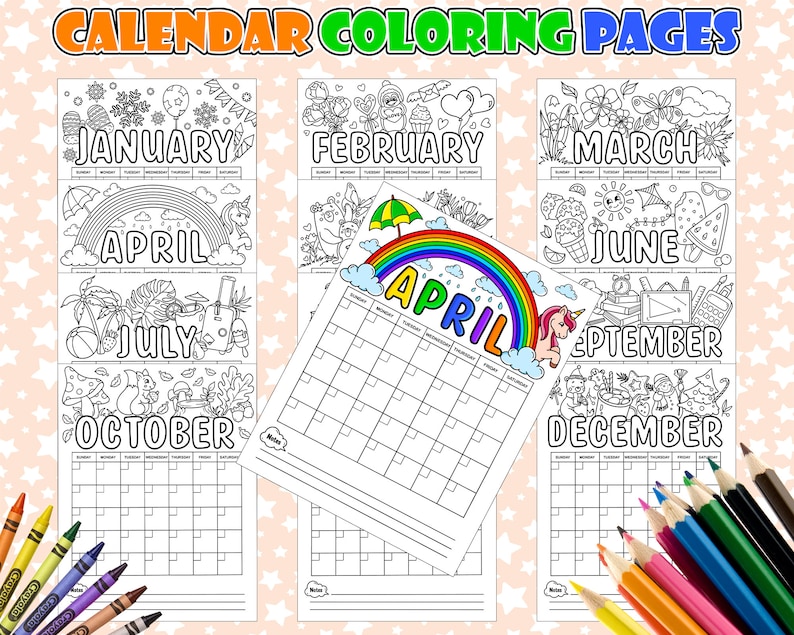 12 Month Coloring Calendar for Kids, Printable Calendar to Color, Cute ...