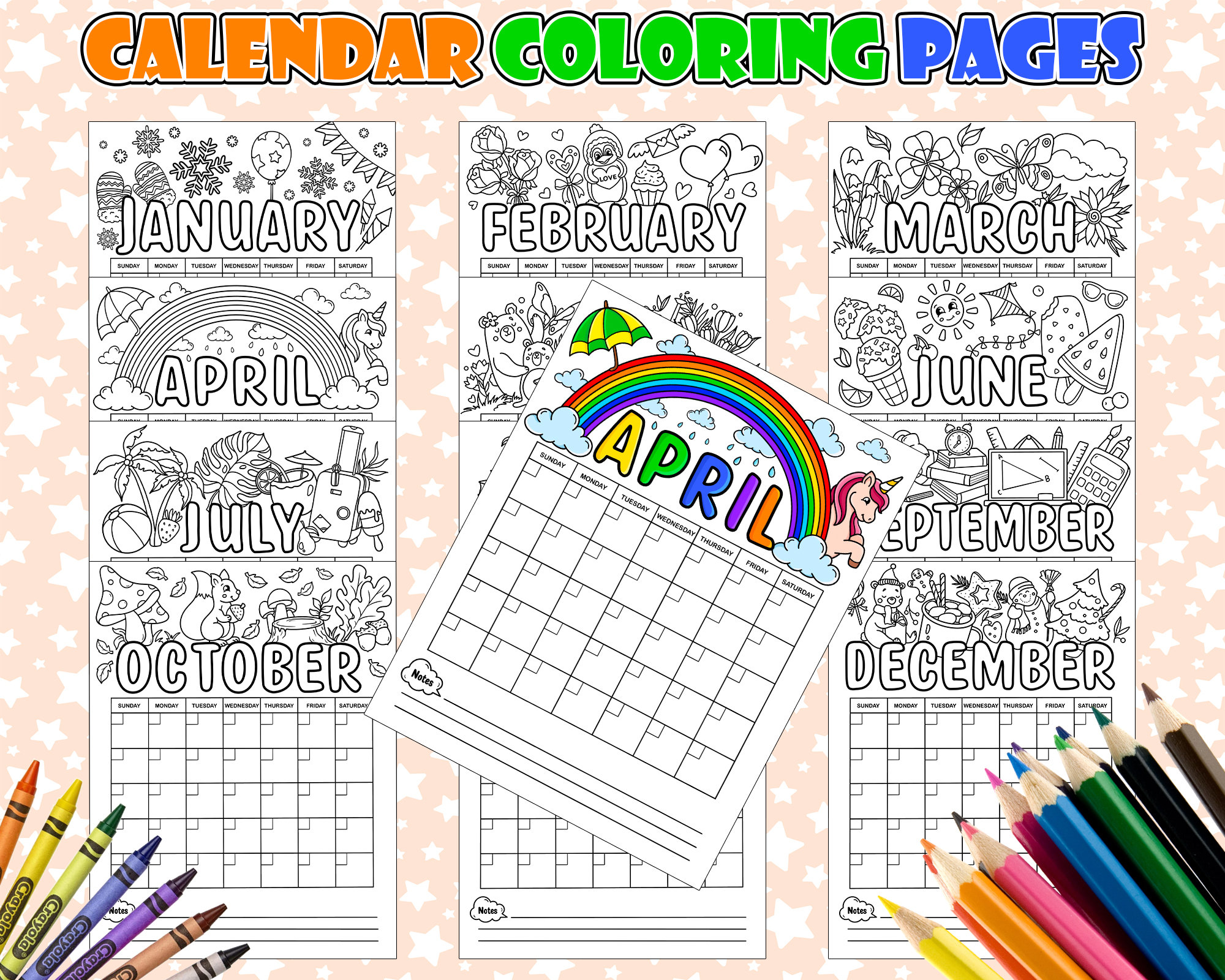 12 Month Coloring Calendar for Kids, Printable Calendar to Color, Cute ...