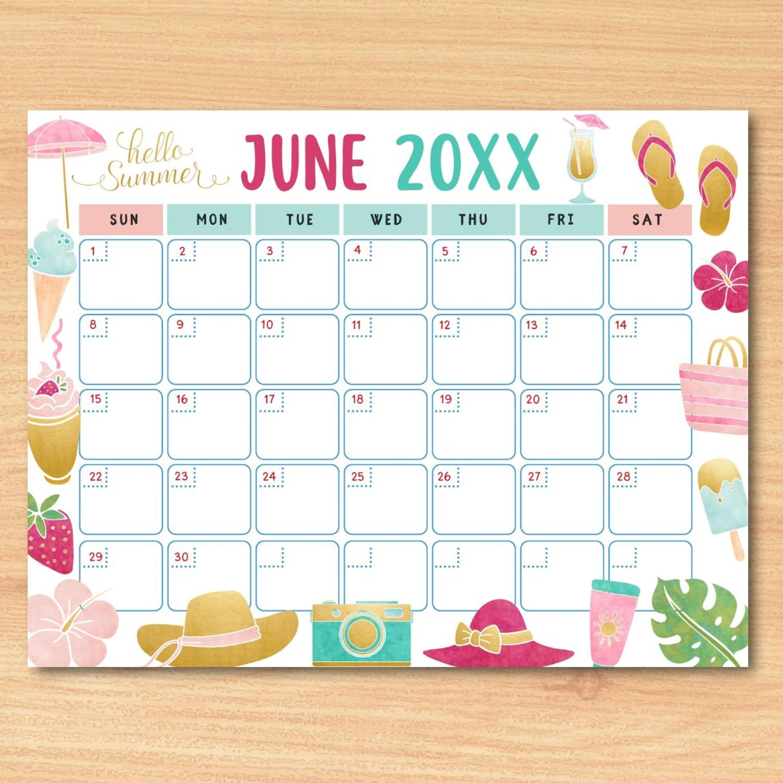 Summer June Calendar Printable | Hello Summer Digital Planner | Cute ...
