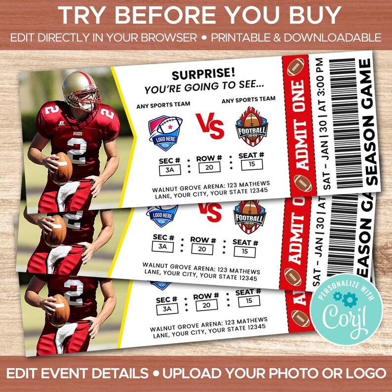 Customizable Football Ticket Template | DIY Sports Event Ticket ...